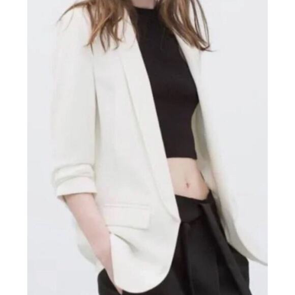 Zara | Jackets & Coats | Zara Shaw Lapel Ruched 34 Sleeve White ...